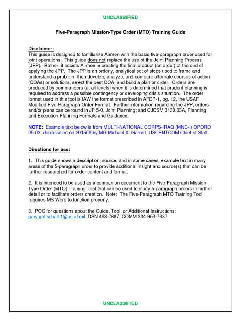 Five-Paragraph Mission-Type Order Training Tool Guide | PDF | Iraq War | Command And Control