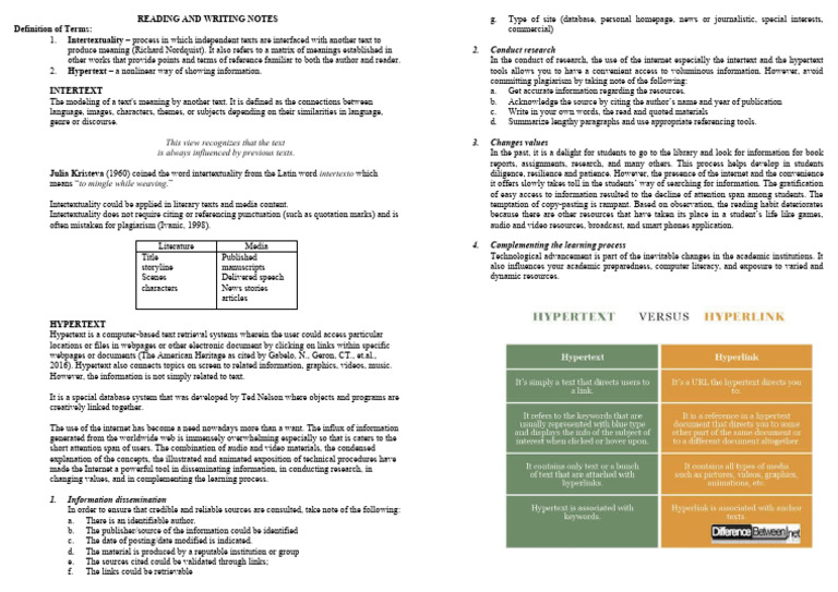 Reading and Writing Notes | PDF | Intertextuality | Computing
