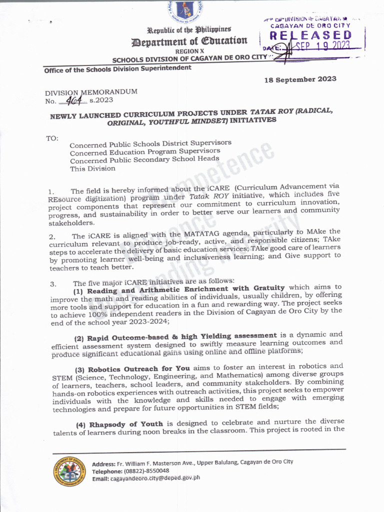 DM464s2023 - Newly Launched Curriculum Projects Under Tatak ROY Initiatives | PDF