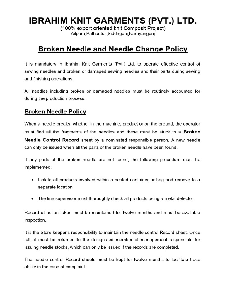 Broken Needle Policy | PDF | Sewing Needle | Sewing