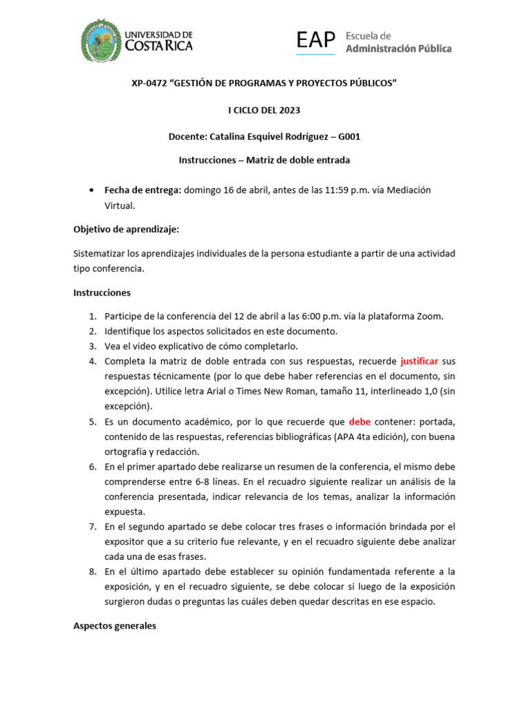 Instrucciones - Matriz de Doble Entrada - G001 | PDF | Evaluación