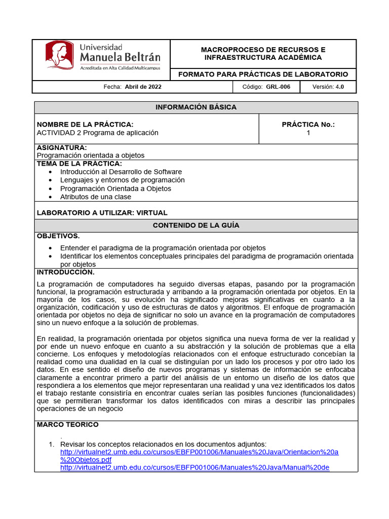 3 Guia 1 Programacion Orientada A Objetos 1 Pdf Objeto Informática Programación De