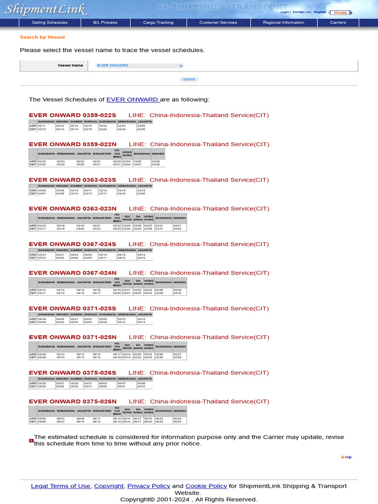 Ever Onward Schedule For 2024 | PDF | Water Transport | Shipping