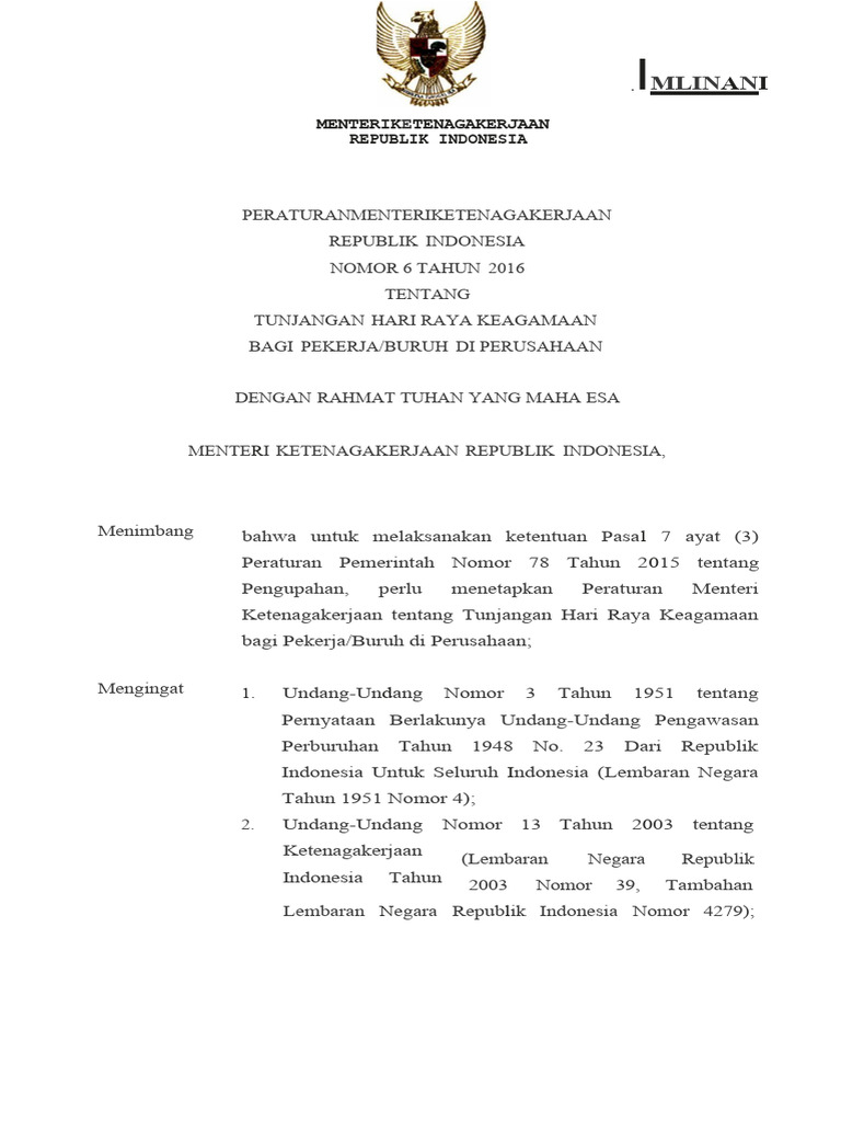 Permenaker No 6 Tahun 2016 | PDF