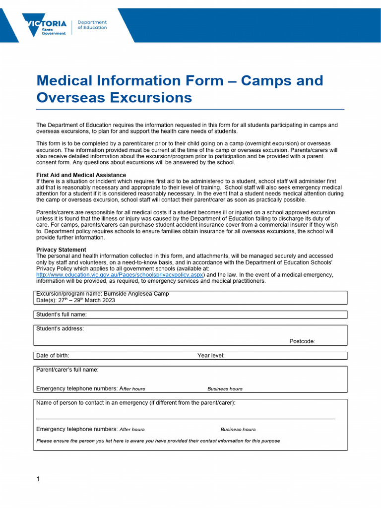 Medical Information Form Camps Overseas Excursions | PDF | Caregiver ...
