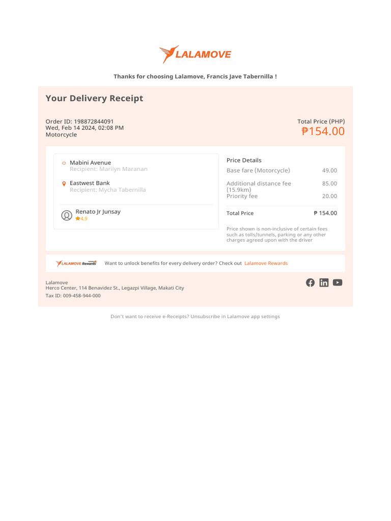 Lalamove Delivery Receipt | PDF