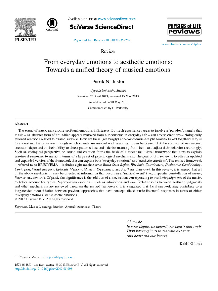 From Everyday Emotions To Aesthetic Emotions: Towards A Unified Theory of Musical Emotions | PDF ...