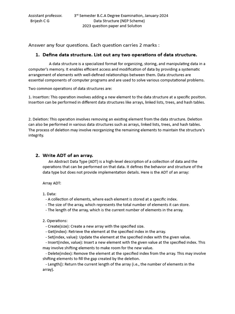 Define Data Structure 2023 Question Paper With Solution Pdf Queue Abstract Data Type