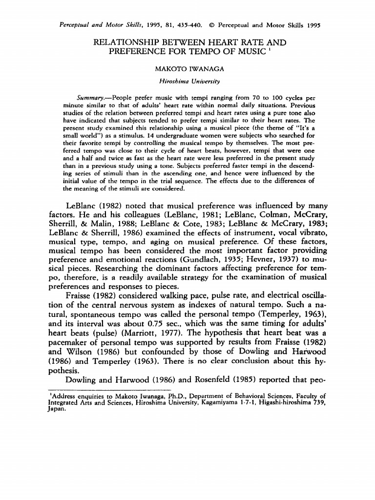 Iwanaga 1995 Relationship Between Heart Rate and Preference For Tempo ... Iwanaga 1995 Relationship Between Heart Rate and Preference For Tempo ...