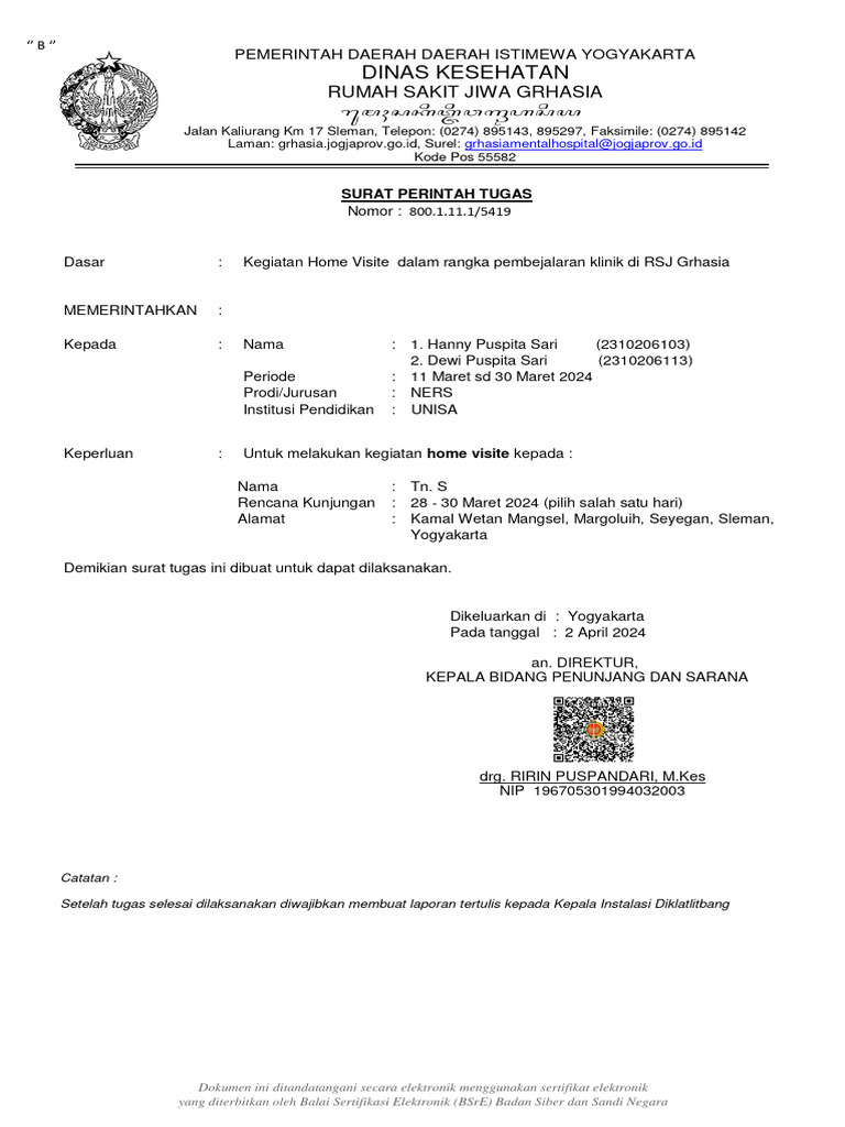 SPT Home Visit Dalam Rangka Pembelajaran Klinik Mahasiswa UNISA | PDF