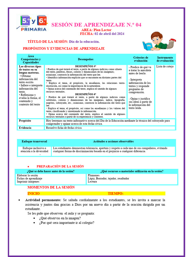 Sesion Plan Lector-Dia de La Educacion | Descargar gratis PDF | Evaluación | Aprendizaje