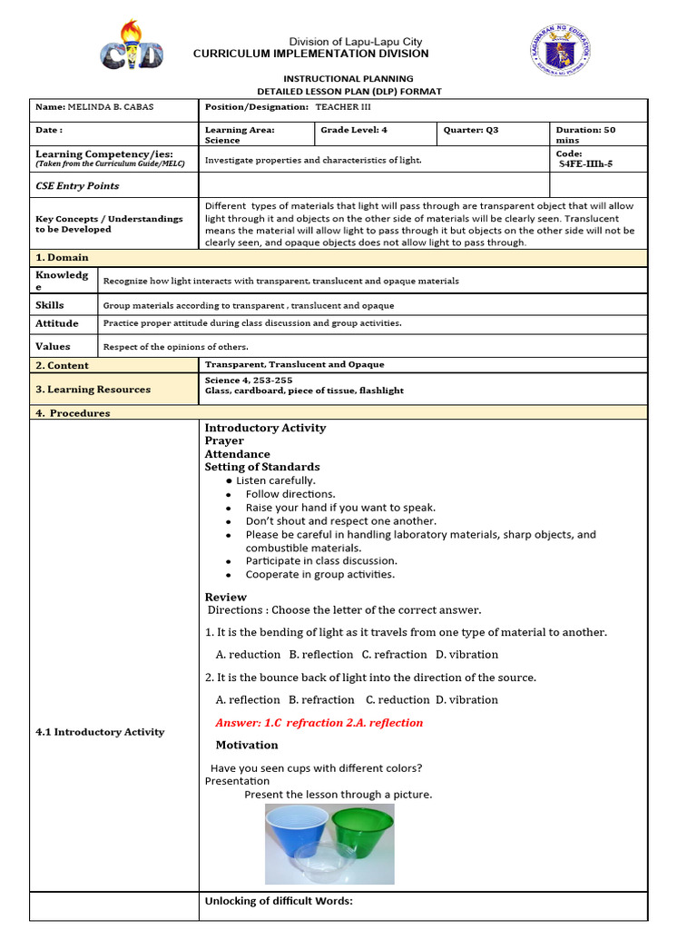 CSE Entry Points: Curriculum Implementation Division Instructional Planning Detailed Lesson Plan ...