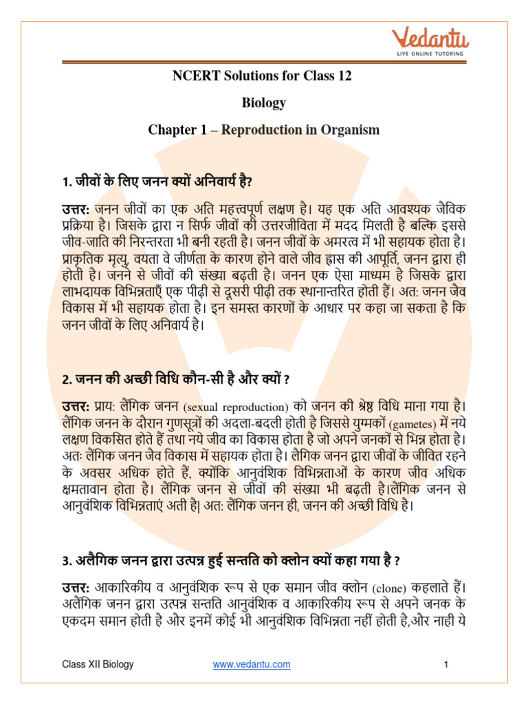 NCERT Solutions For Class 12 Biology Chapter 1 - in Hindi - . | PDF
