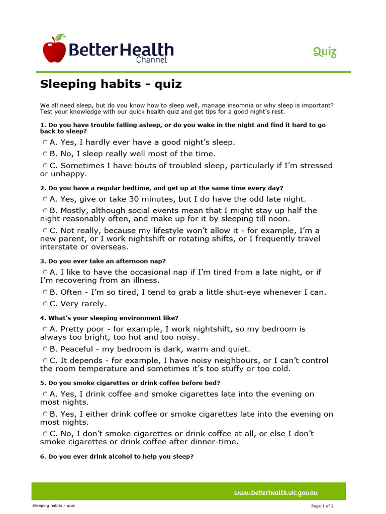 Sleep Quiz | Download Free PDF | Sleep | Determinants Of Health