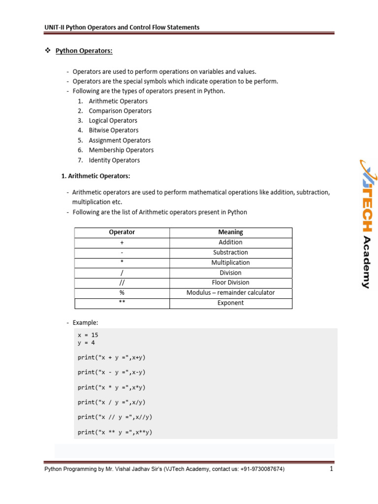 UNIT-II Python Operators and Control Flow Statements | PDF | Control ... UNIT-II Python Operators and Control Flow Statements | PDF | Control ...