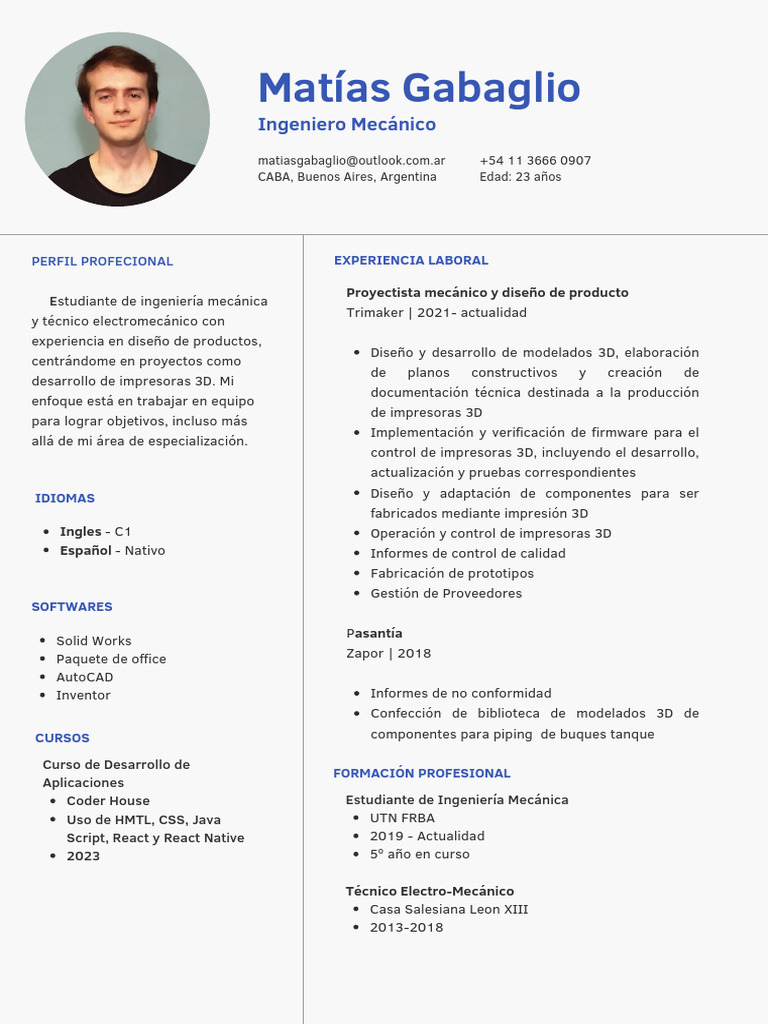 CV-Español - Matias Gabaglio | PDF | Impresión 3d | Diseño