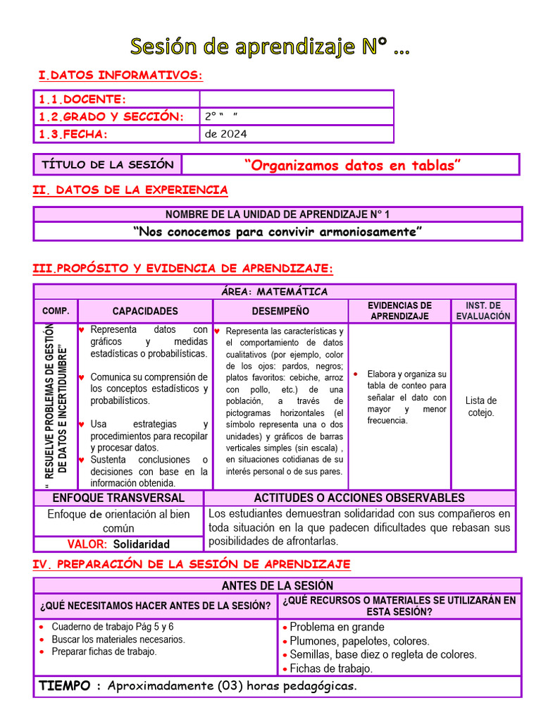 Sesión Organizamos Los Datos en Tablas | PDF | Aprendizaje | Estadísticas