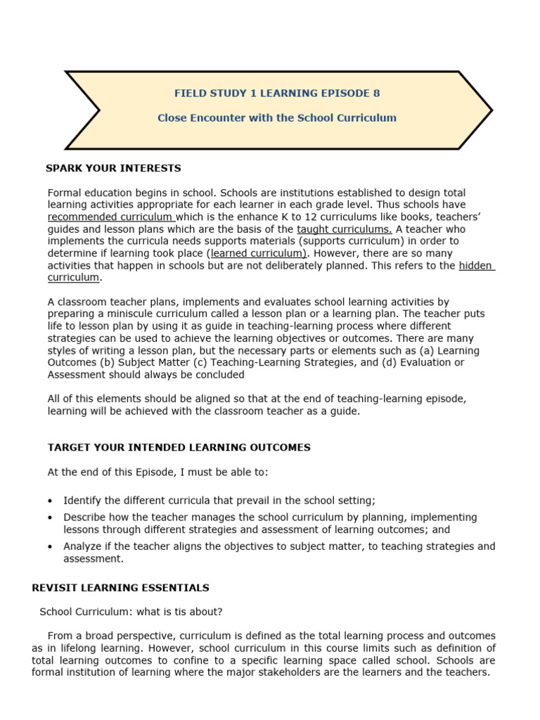 FS 1 Episode 8 Close Encounter With The School Curriculum Done | PDF ...