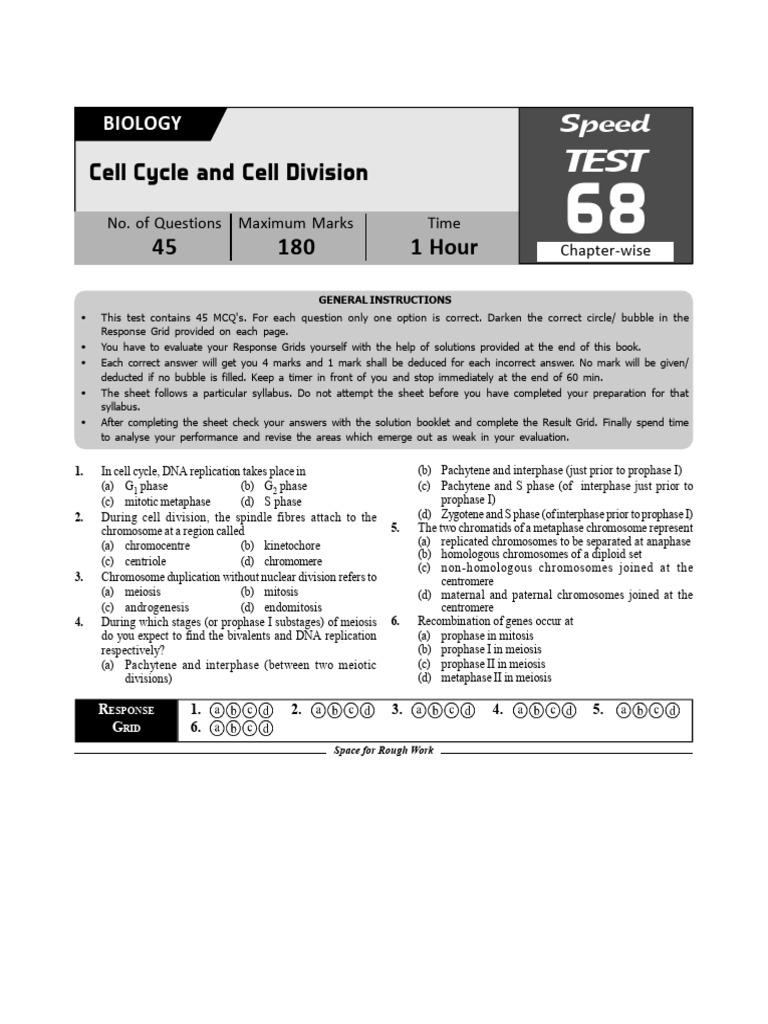 NTA NEET 101 Speed Test: Cell Cycle MCQs | PDF | Mitosis | Meiosis