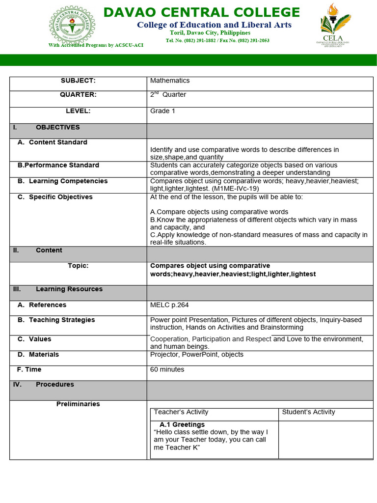 Grade 1 Math: Comparing Weights Lesson | PDF | Teachers | Cognition