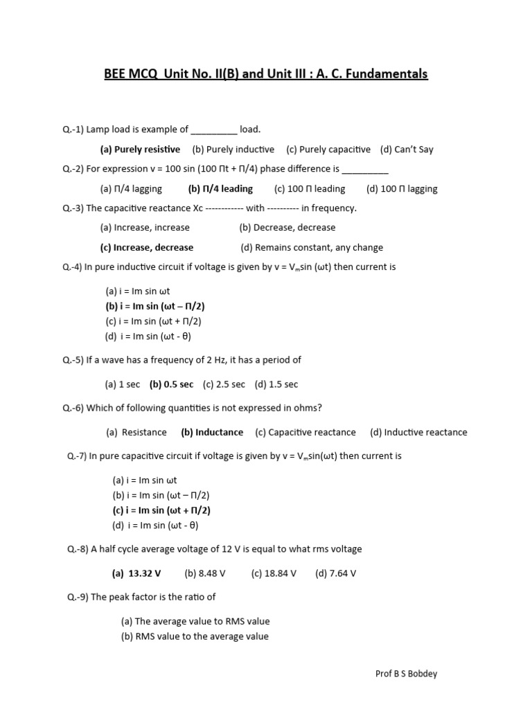 BEE MCQ Unit III | Download Free PDF | Root Mean Square | Alternating Current