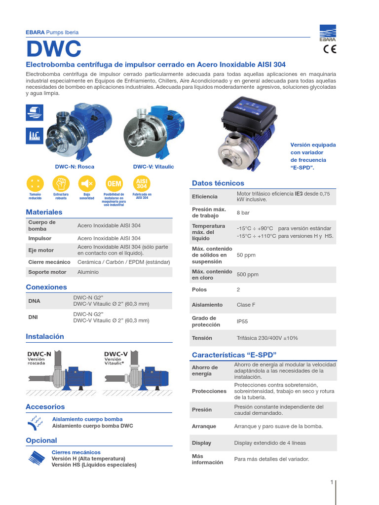 Electrobomba Centrífuga de Impulsor Cerrado en Acero Inoxidable AISI ...