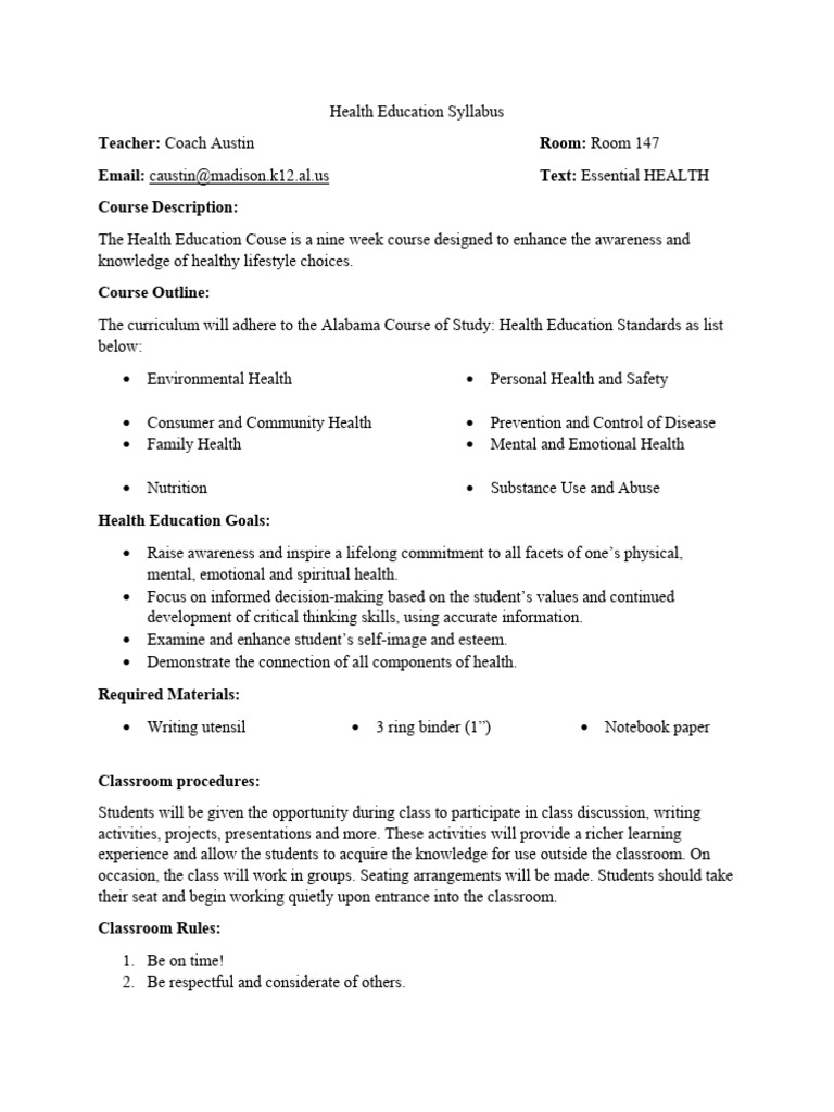 Health Education Course Overview | PDF | Health Education | Classroom