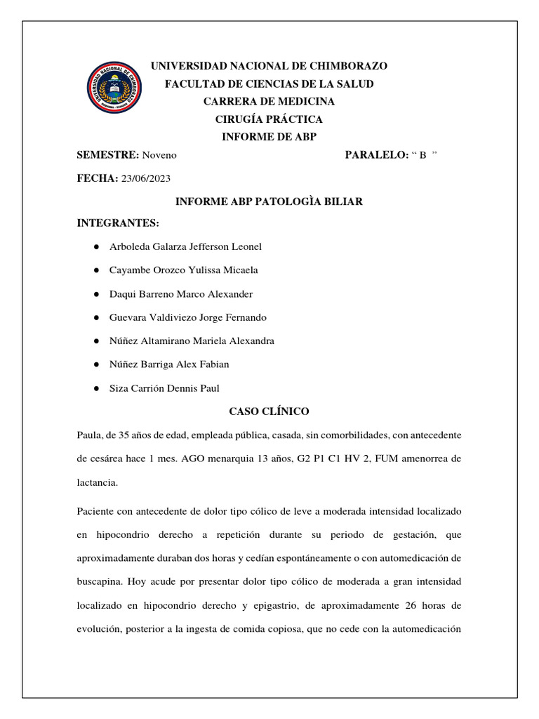 Informe Abp Patologìa Biliar | PDF | Vesícula biliar | Bilis