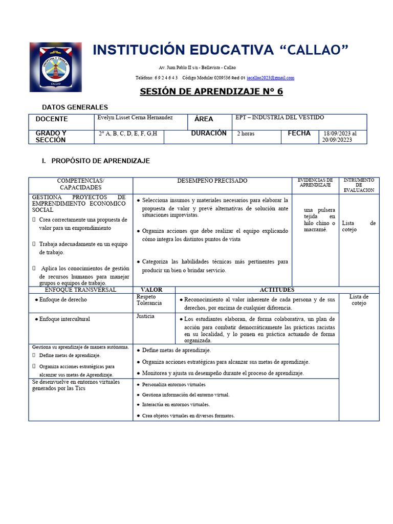 Sesion de Aprendizaje N°6 - 2do | PDF | Aprendizaje | Evaluación