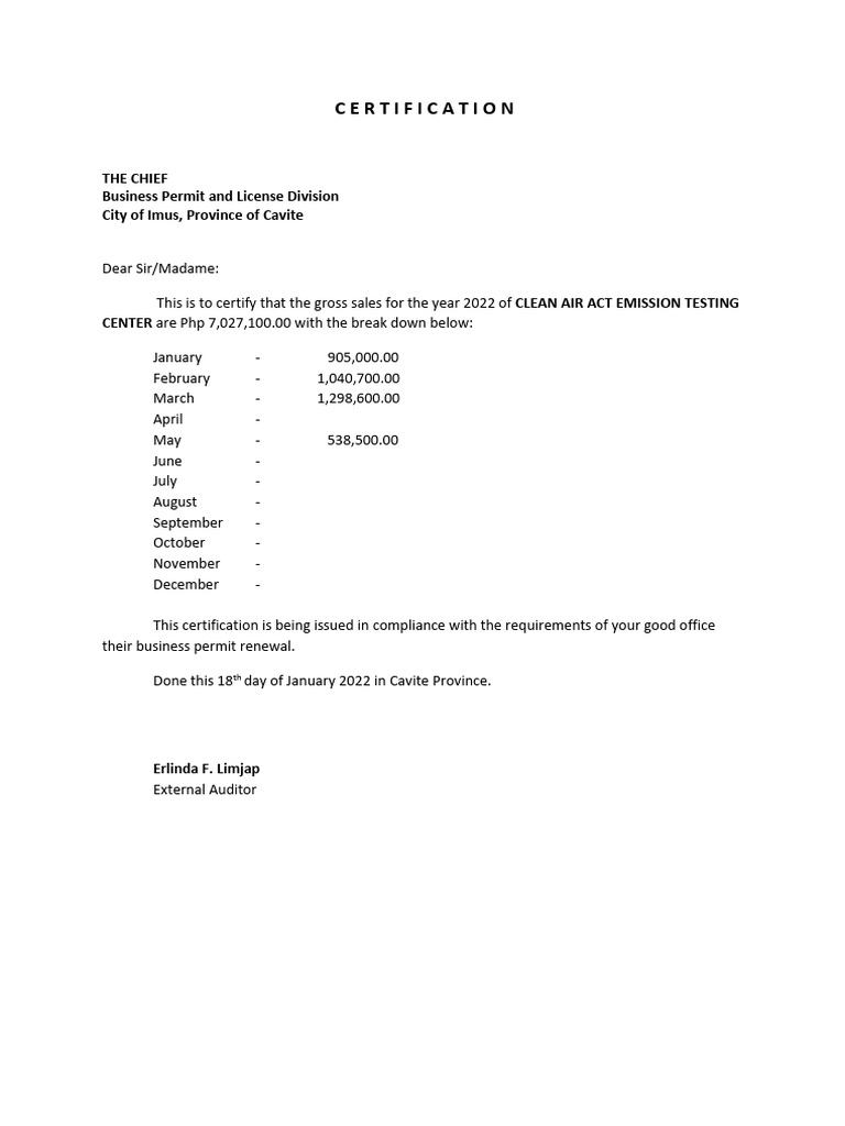2022 Gross Sales Certification for Clean Air Act Testing Center | PDF