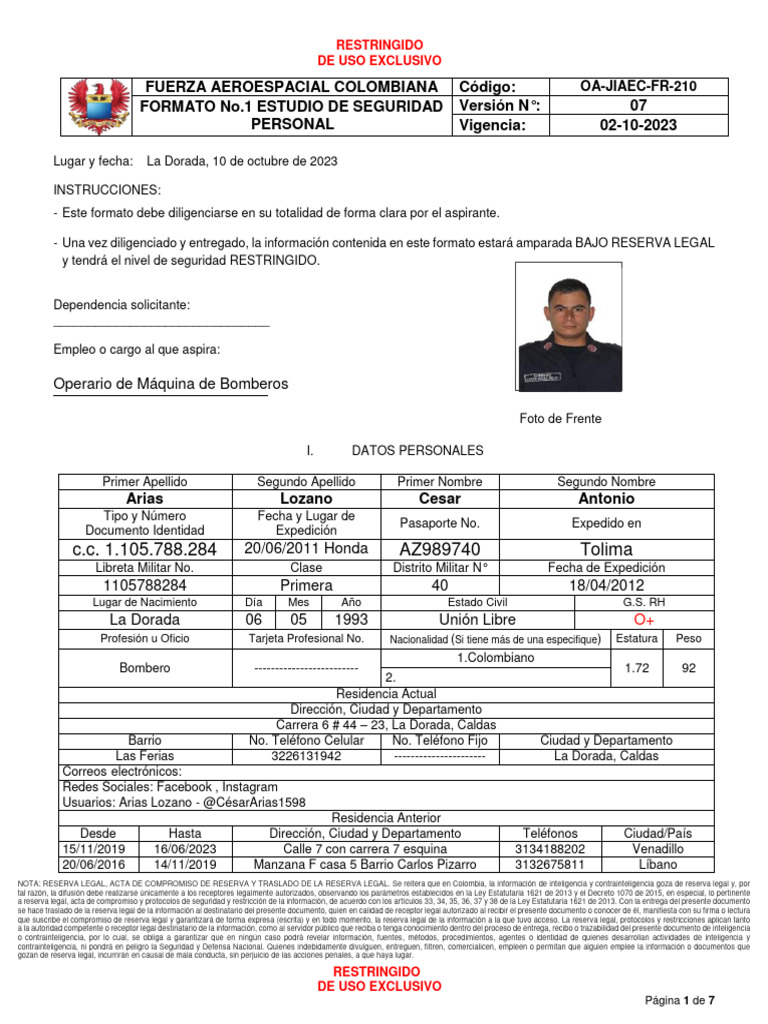 OA-JIAEC-FR-210 - Formato No. 1 - ESP CONTRATISTA | PDF | Colombia ...