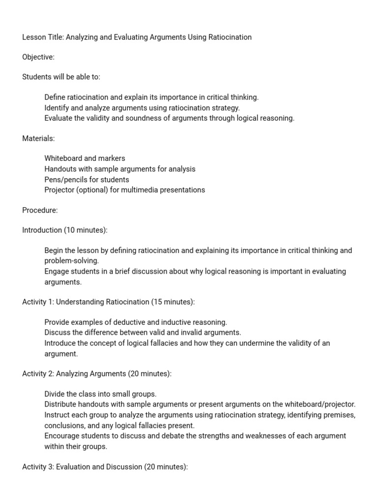 Lesson Title - Analyzing and Evaluating Arguments Using Ratiocination ... Lesson Title - Analyzing and Evaluating Arguments Using Ratiocination ...