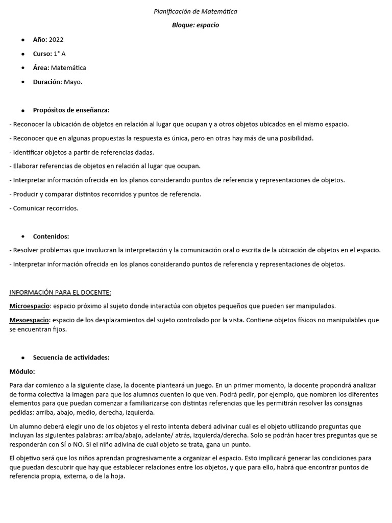 Planif Matemática Espacio 1ro | PDF | Comunicación