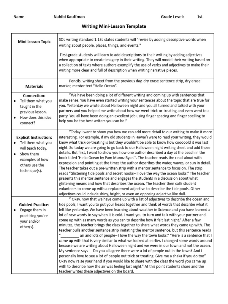 Kauffman Mini Lesson 1 Template Pdf