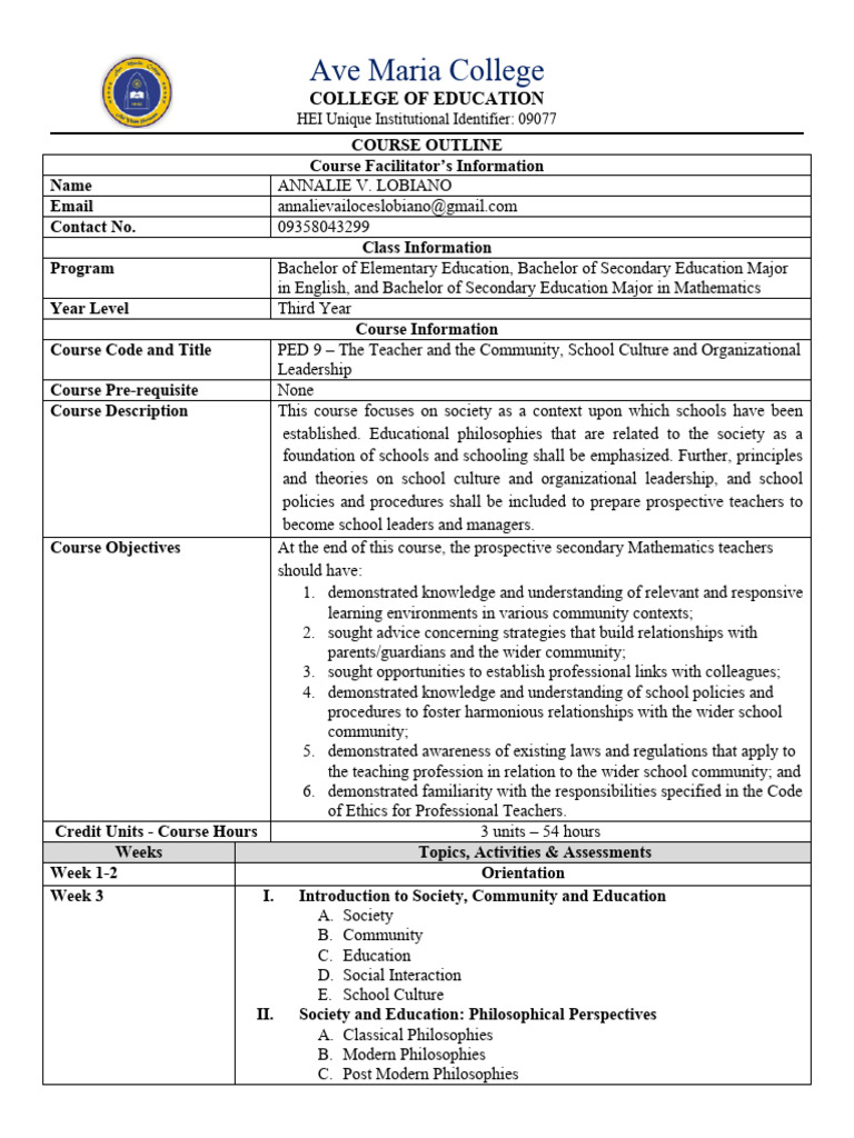 PED 9 Course Outline | PDF | Leadership | Schools
