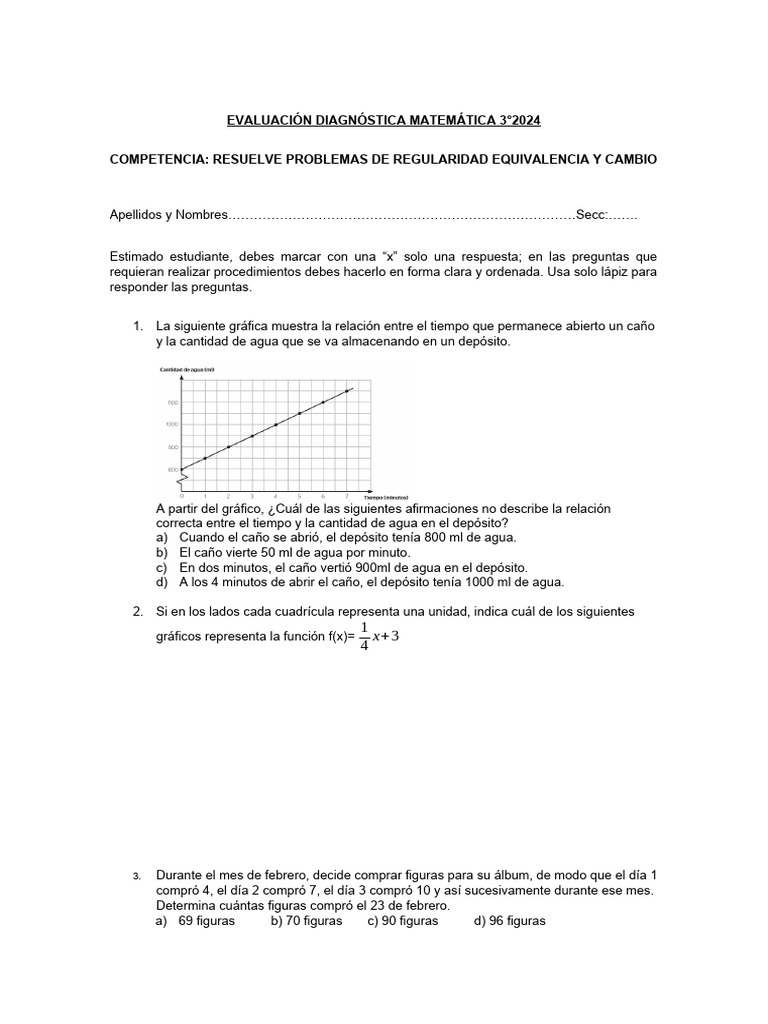 EVAL-DIAGNÓSTICA MATEMÁTICA 3 - Regularidad | PDF