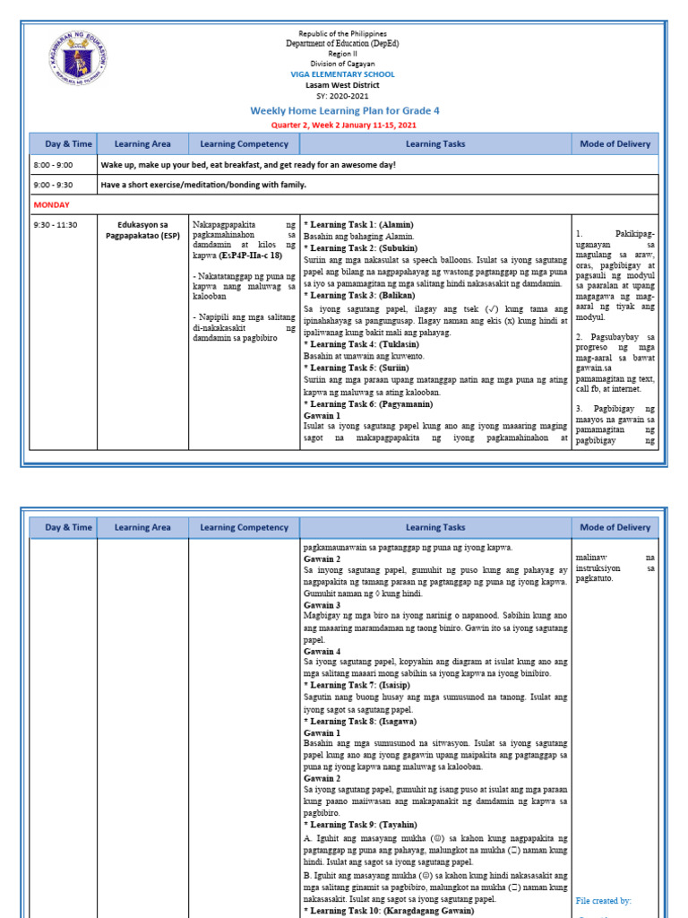 WHLP Grade 4 Q2 W2 All Subjects | PDF