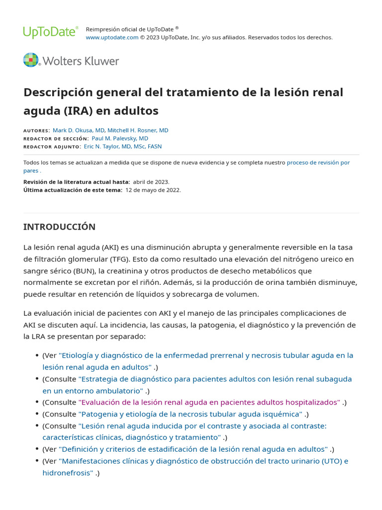 Overview of The Management of Acute Kidney Injury (AKI) in Adults ...