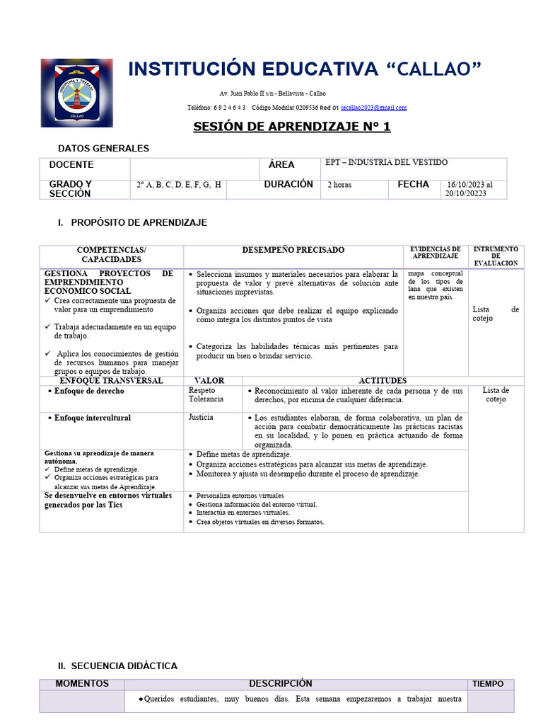 Sesion de Aprendizaje N°1 - 2do | PDF | Aprendizaje | Evaluación