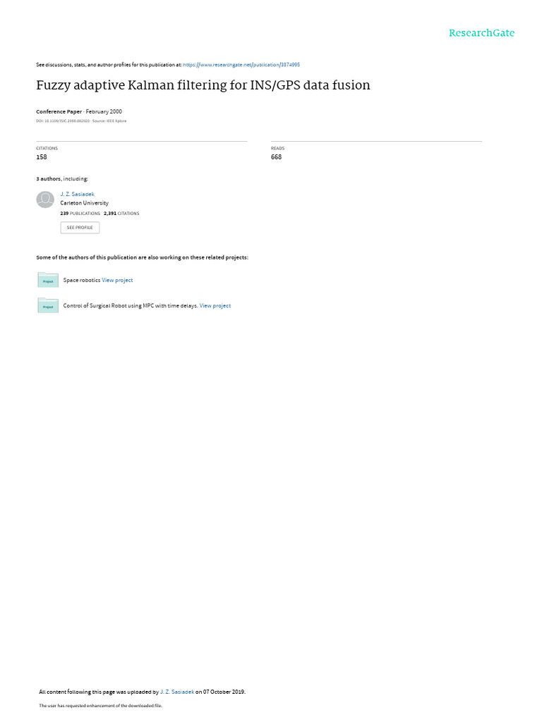 Fuzzy Adaptive Kalman Filtering For Ins Gps Data Fusion February 2000 Pdf Kalman Filter