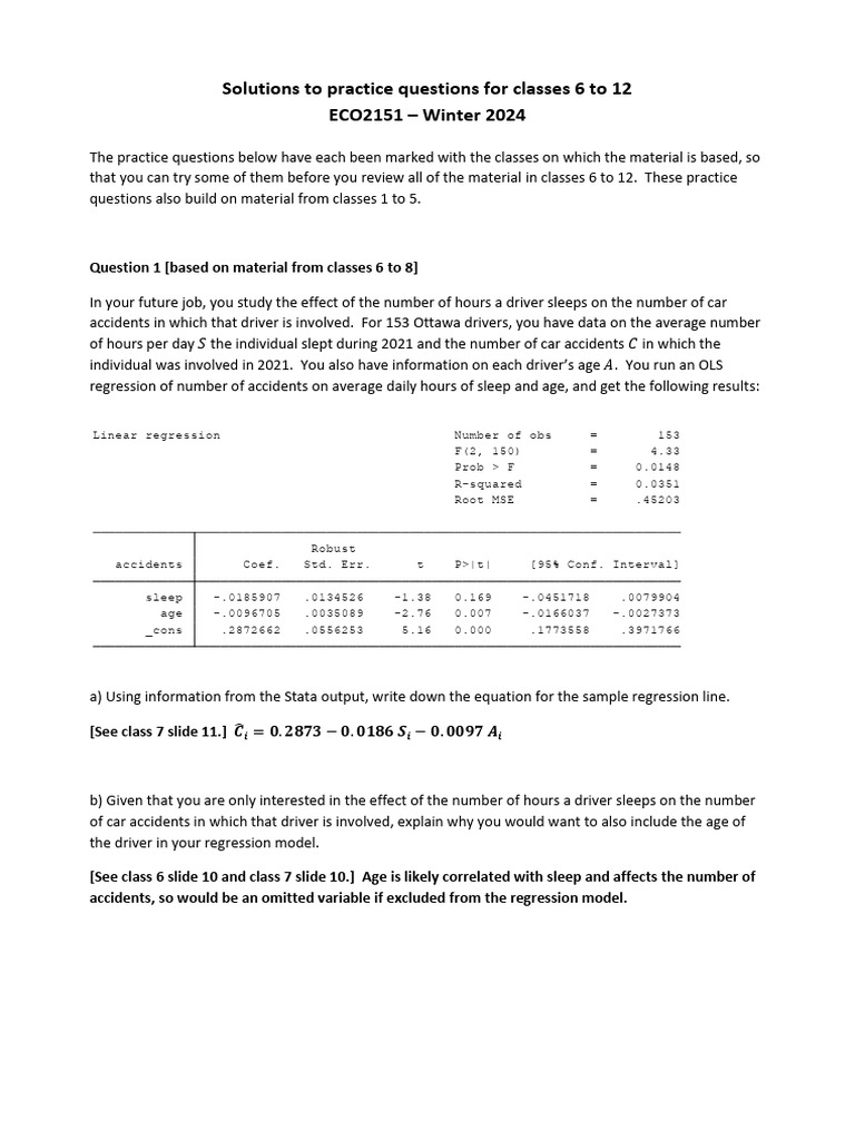 Solutions To Practice Questions For Classes 6 To 12 ECO2151 Winter 2024 PDF | PDF | Regression ...
