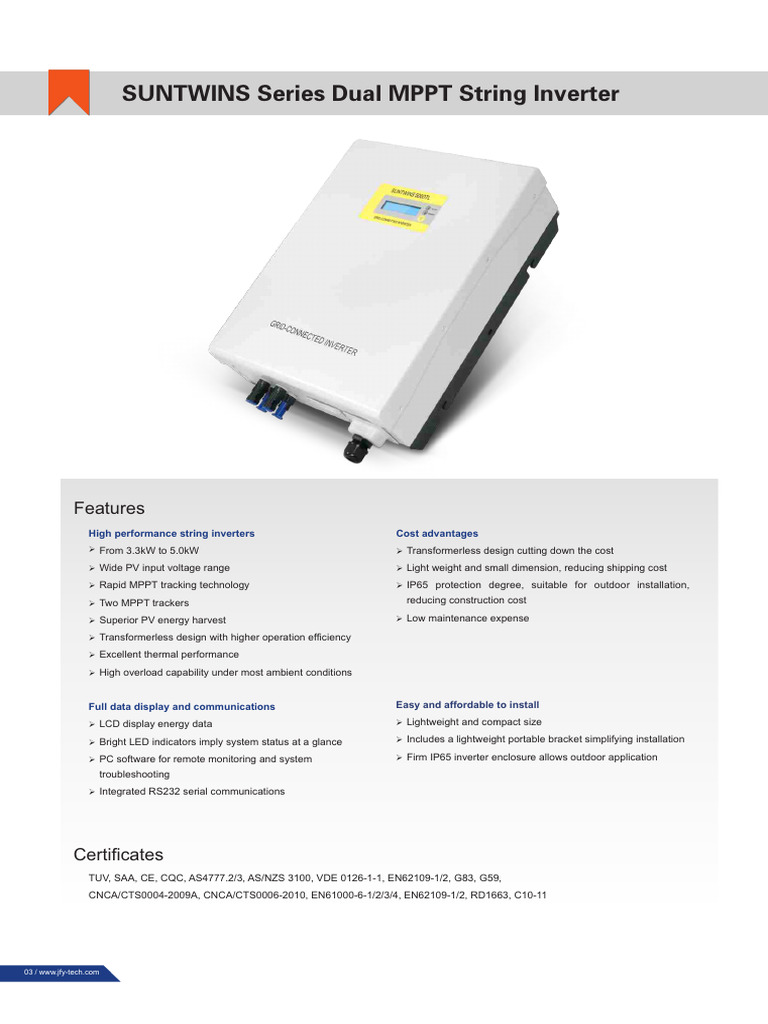 SUNTWINS Series Dual MPPT String Inverter: Features | PDF | Alternating Current | Power Inverter