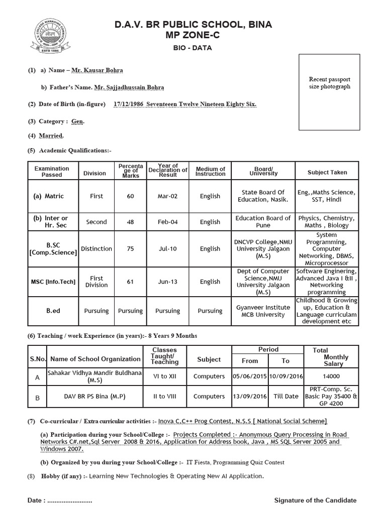 DAV BR BIO DATA TEACHER Form 2024 | PDF | Databases | Sql