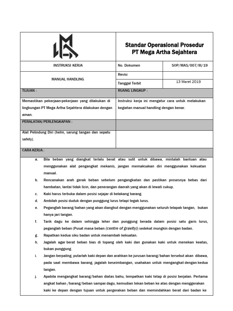 SOP Manual Handling | PDF