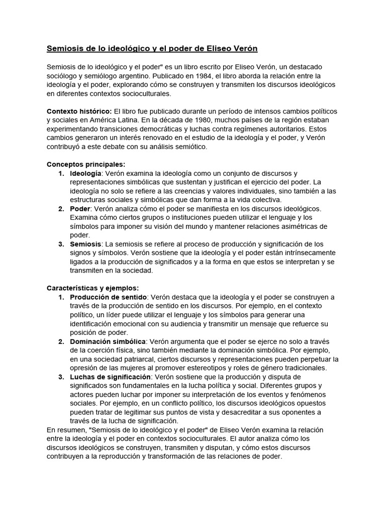 Semiosis de Lo Ideológico y El Poder de Eliseo Verón | PDF | Ideologías ...