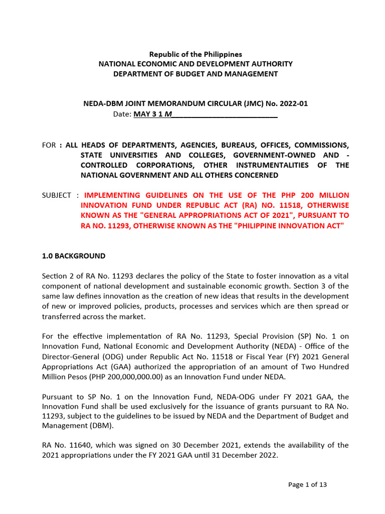 NEDA DBM Joint Memorandum Circular No 2022 01 | Download Free PDF ...