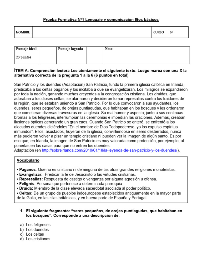 Prueba Formativa 1 Sexto Básico | PDF