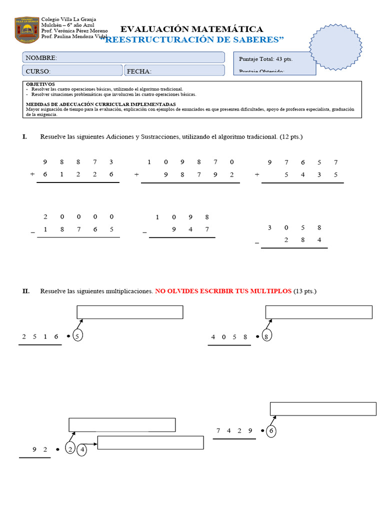 Evaluacion Adecuada Mate 1 Sexto Operaciones Basicas | PDF | Matemáticas