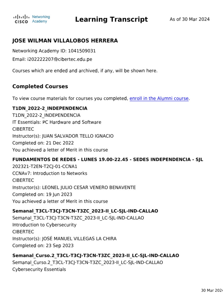 NetAcad Learning Transcript | PDF