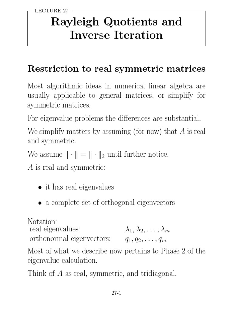Rayleigh Quotients and Inverse Iteration: Restriction To Real Symmetric Matrices | PDF ...